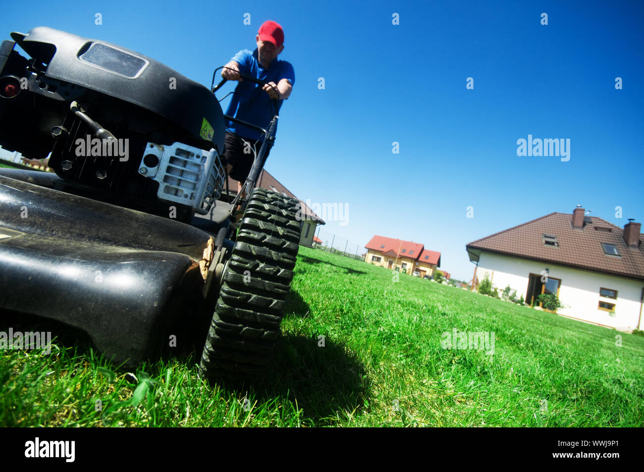 Man mowing the lawn. Gardening Stock Photo - Alamy