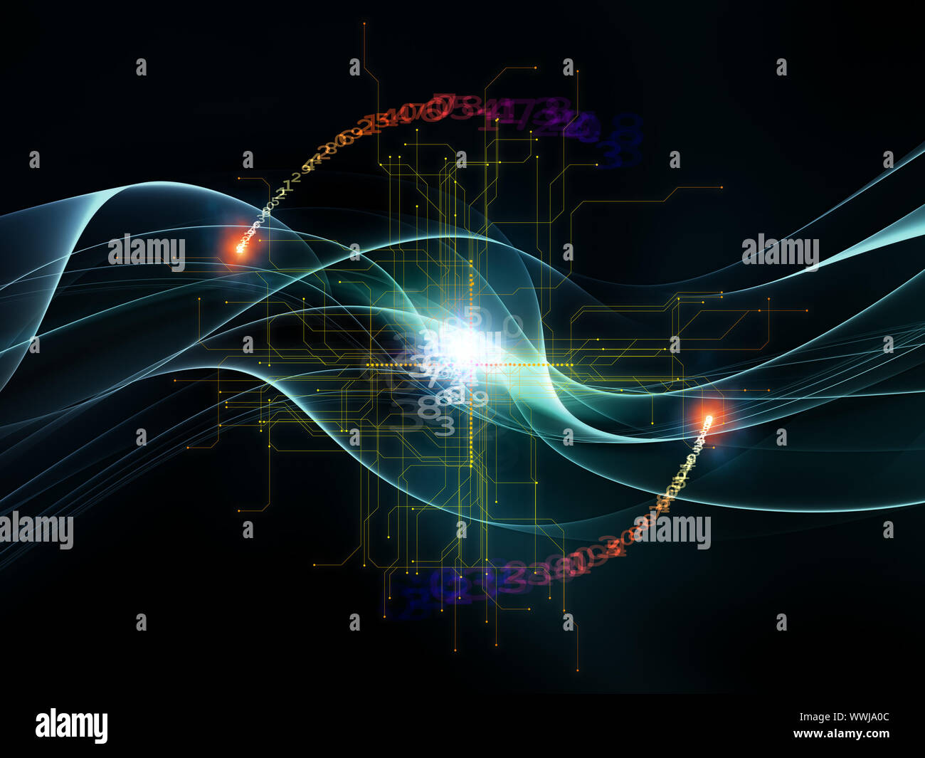 Interplay of electronic circuitry, digits and design elements on the ...