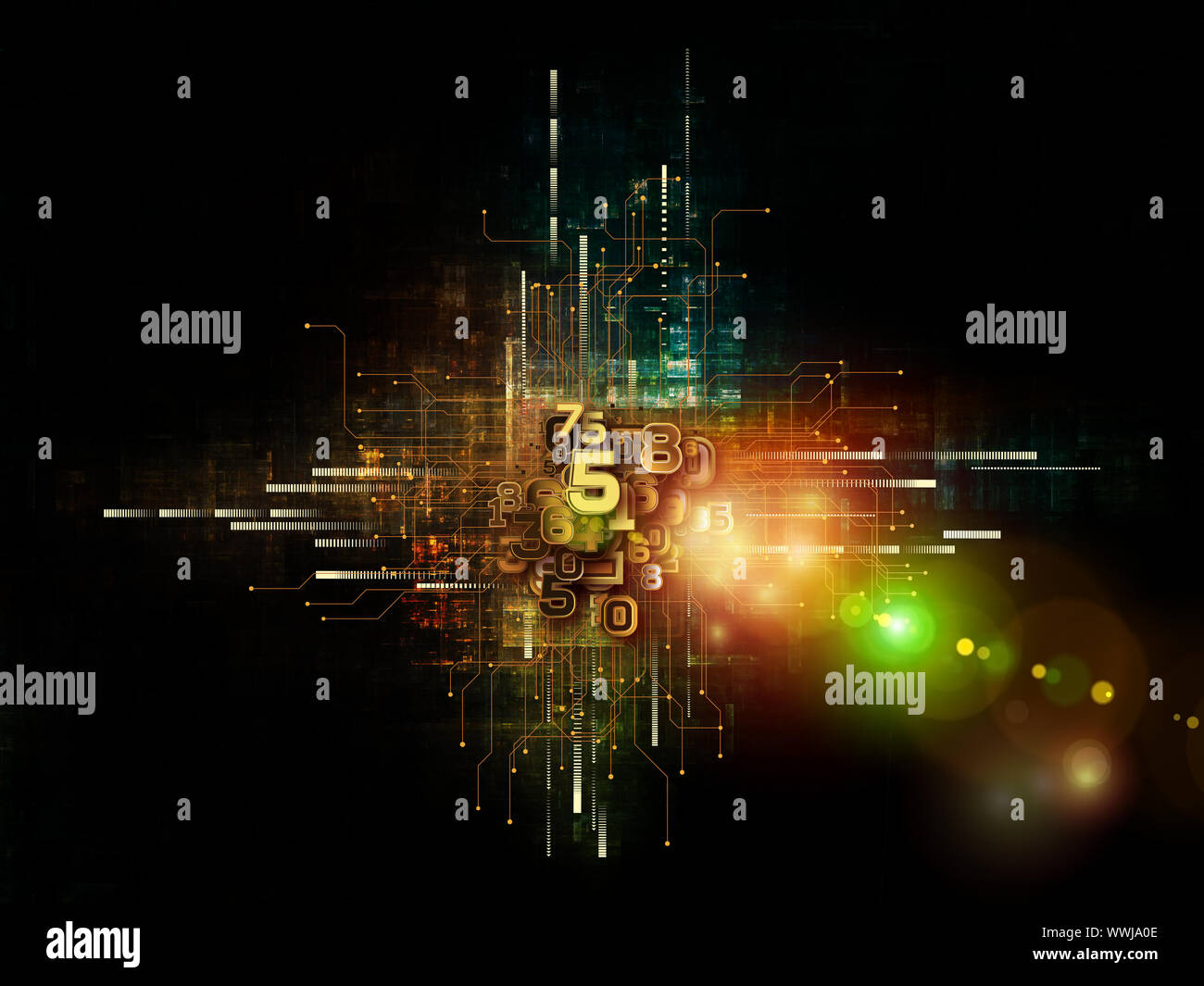 Interplay of electronic circuitry, digits and design elements on the ...