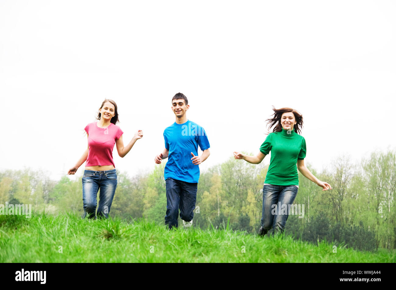Three happy friends having fun on the spring meadow Stock Photo - Alamy