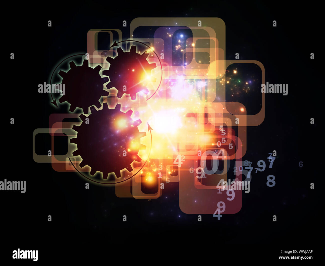 Interplay of gear symbols, arrows, abstract forms, lights and colors on ...
