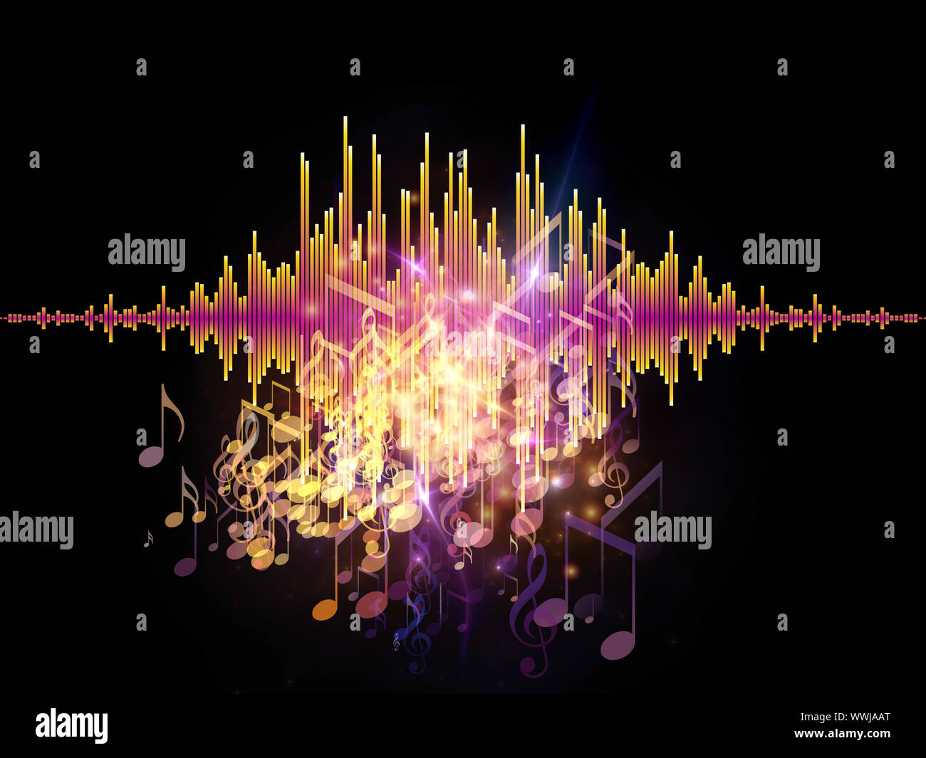 Interplay of graphic analyzer bars, music notes, lights and abstract ...