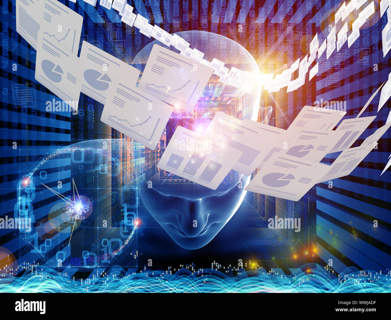 Collage of human head, documents and various abstract elements on the ...