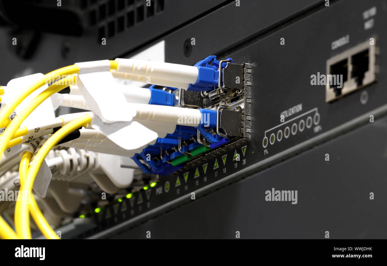 back side of switch with fiber optic SFP ports and LC connectors Stock ...