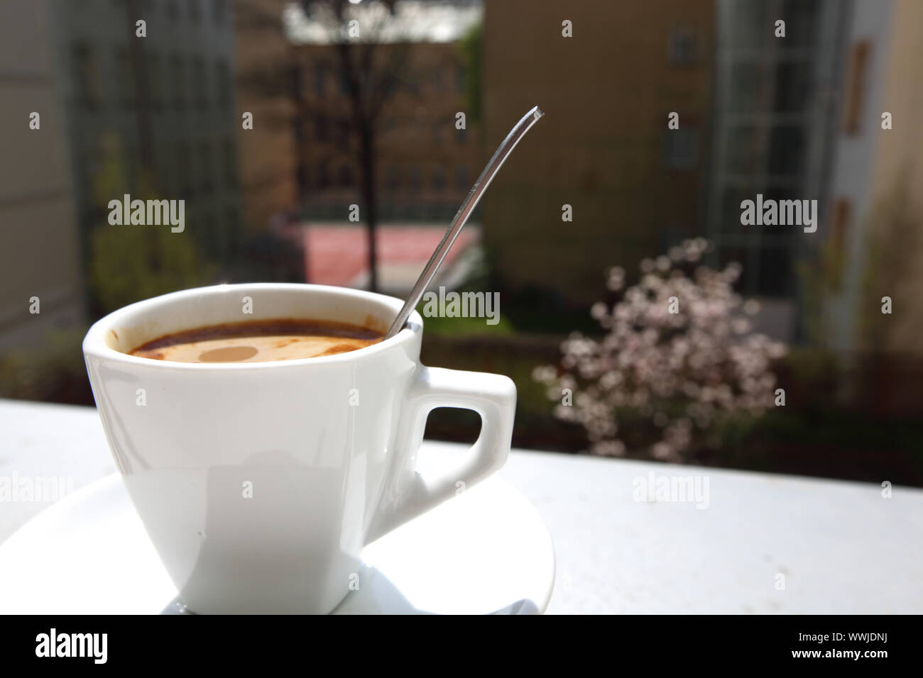 morning coffee on the window sill Stock Photo - Alamy