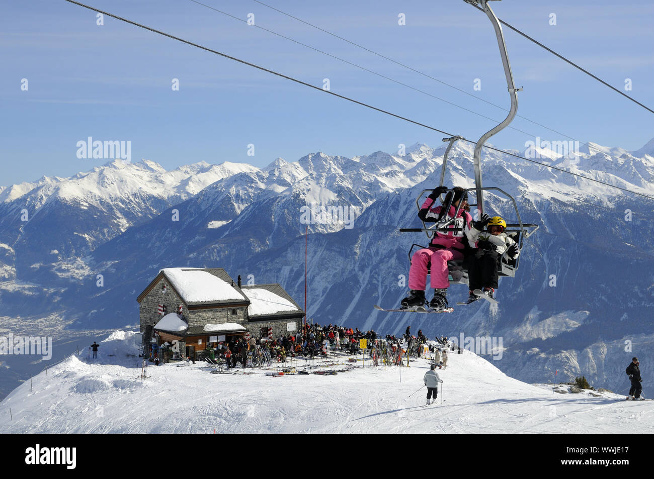 Chair lift above the Les Violettes refuge of the Swiss Alpine Club in ...