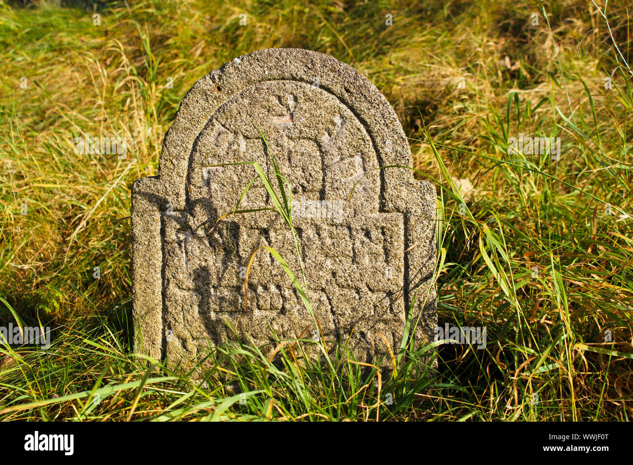 detail of tomb on forgotten and unkempt Jewish cemetery with the ...