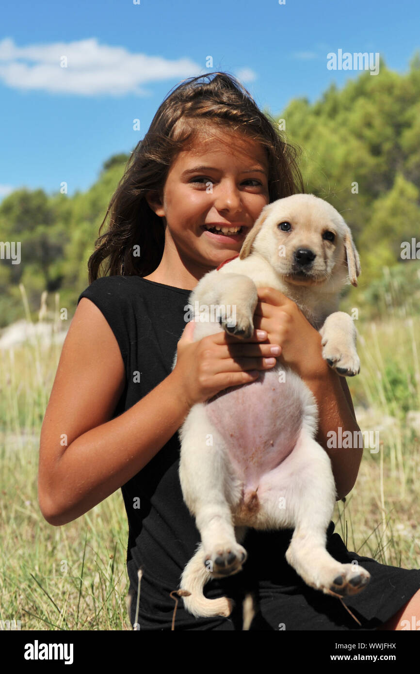 purebred puppy labrador retriever and smiling little girl Stock Photo ...