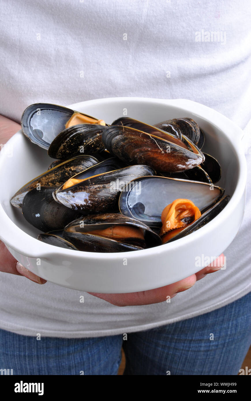 cooked and opened organic mussel ready to eat Stock Photo - Alamy