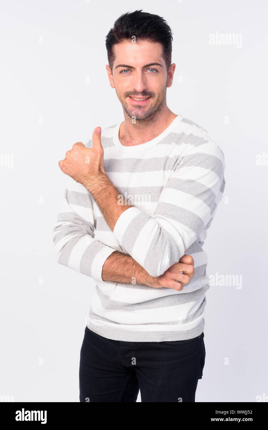 Portrait of happy handsome bearded man giving thumbs up Stock Photo - Alamy