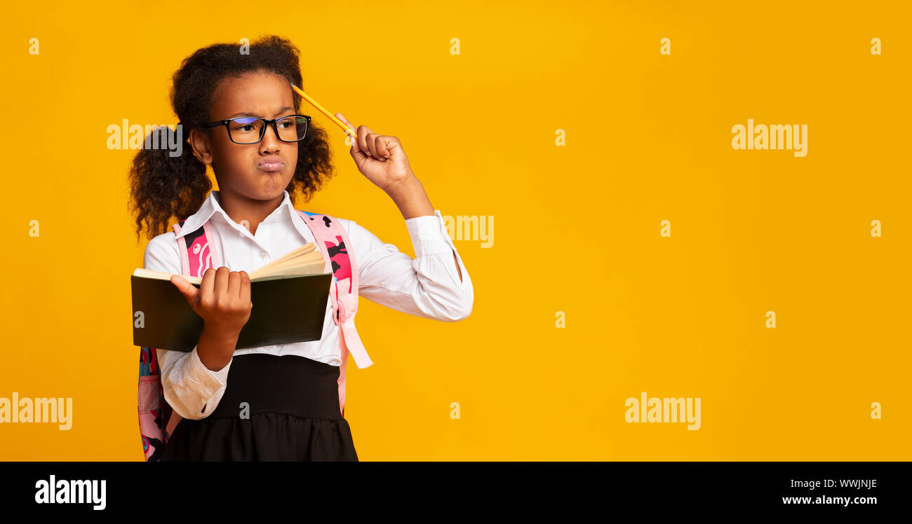 Puzzled School Girl Thinking Scratching Head With Pencil, Panorama ...