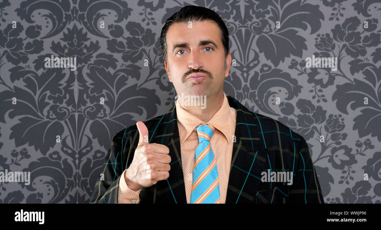 nerd businessman gesturing ok positive with hand over retro wallpaper ...