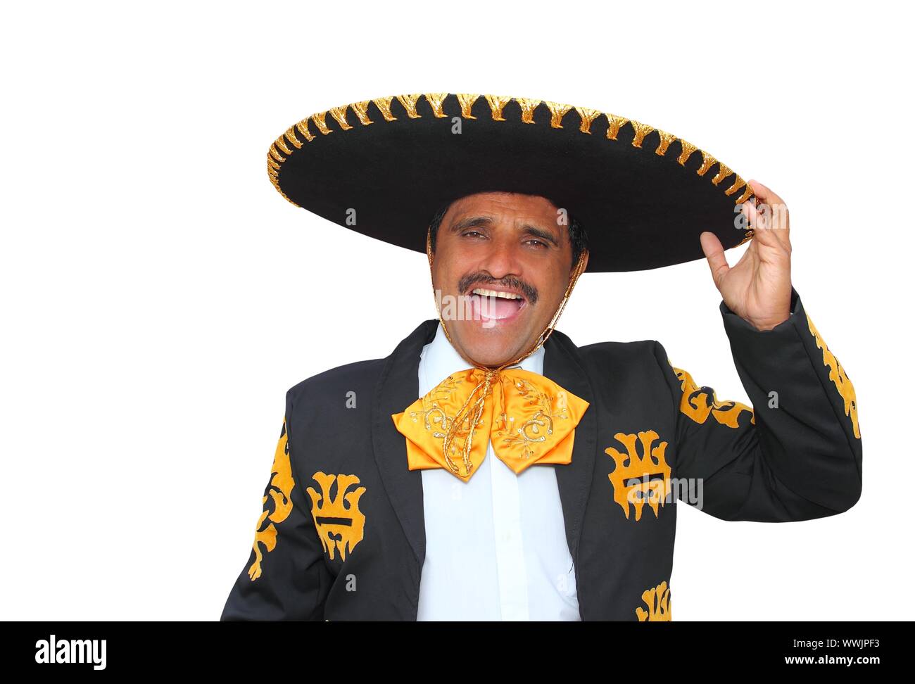Charro mariachi man portrait shouting isolated on white Stock Photo - Alamy