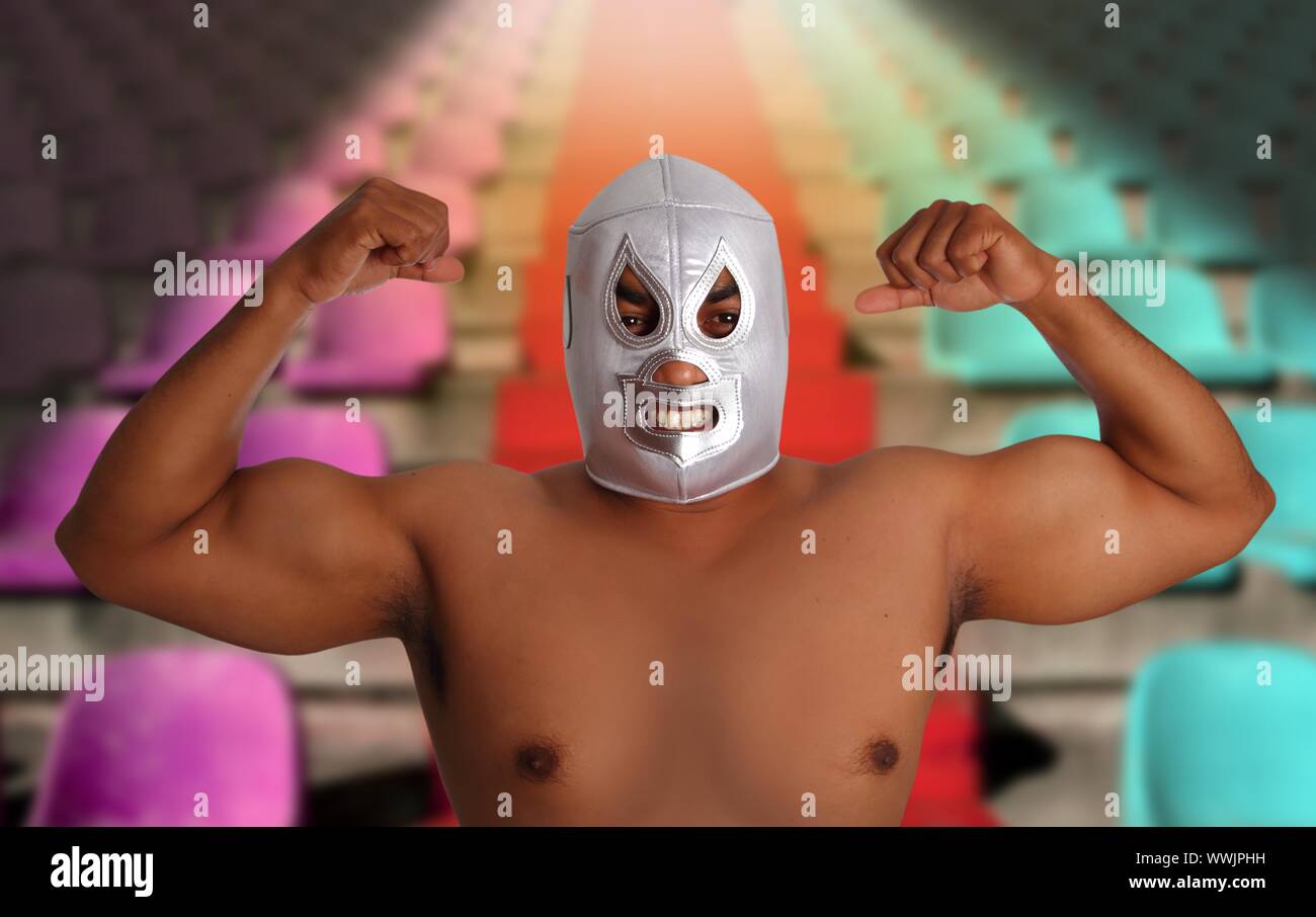 mexican wrestling mask silver fighter gesture stadium bleachers seats ...