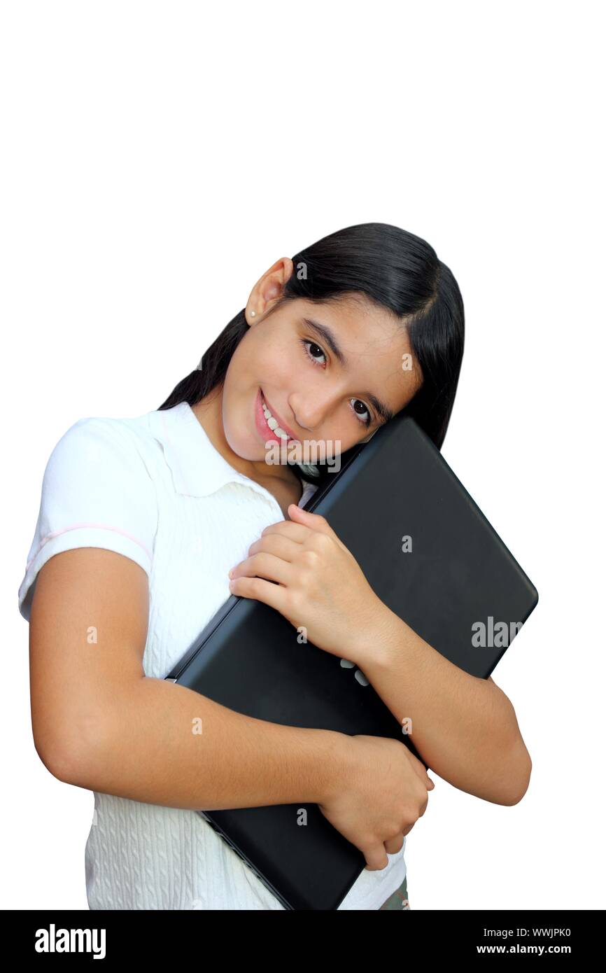 latin teenager brunette student hug laptop isolated on white Stock ...