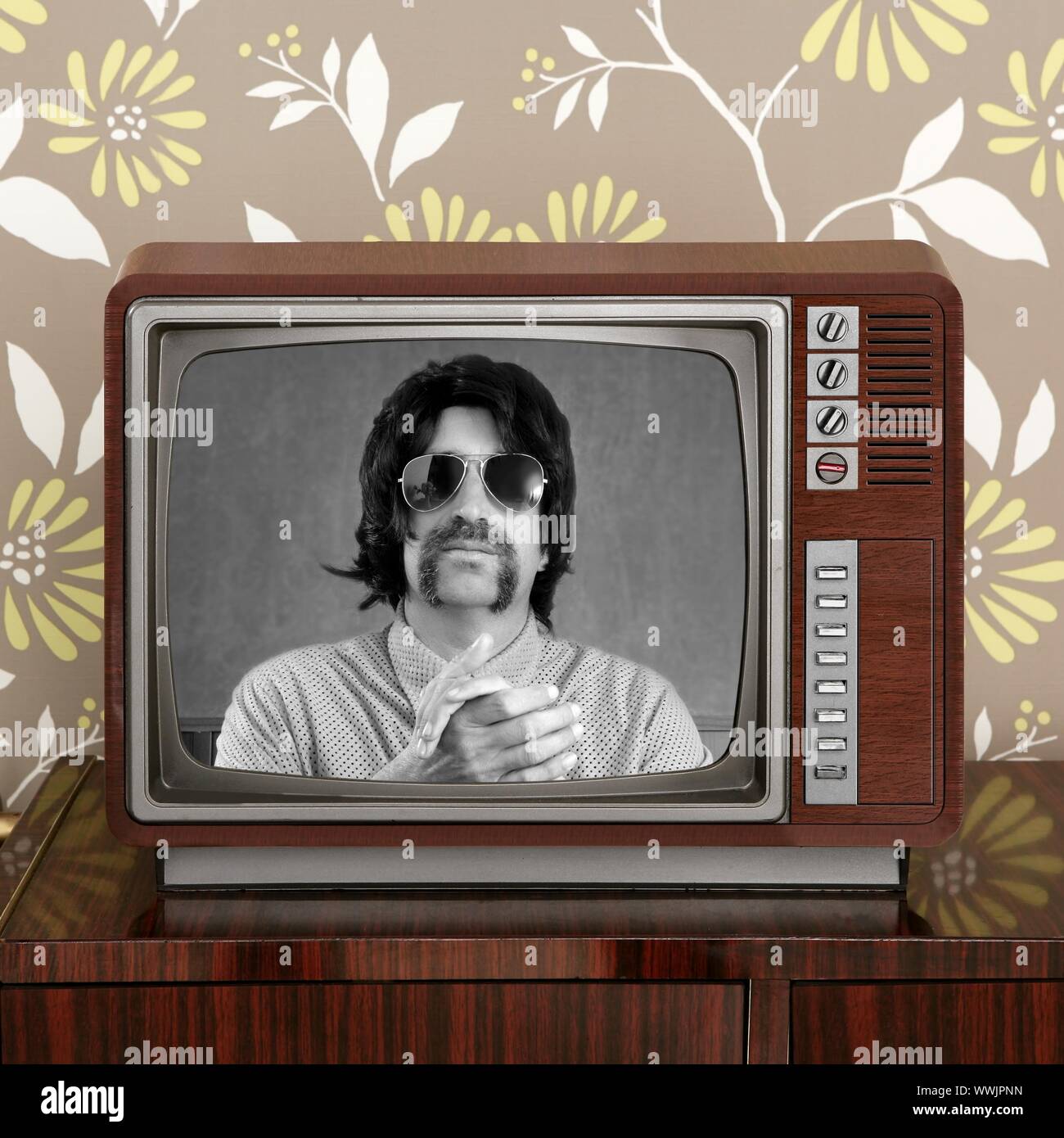 geek mustache tv presenter in retro wood television vintage wallpaper ...