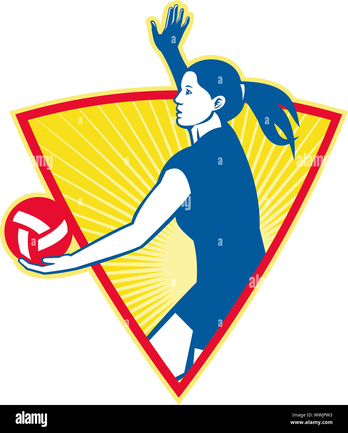 Illustration of a female volleyball player serving ball viewed from ...