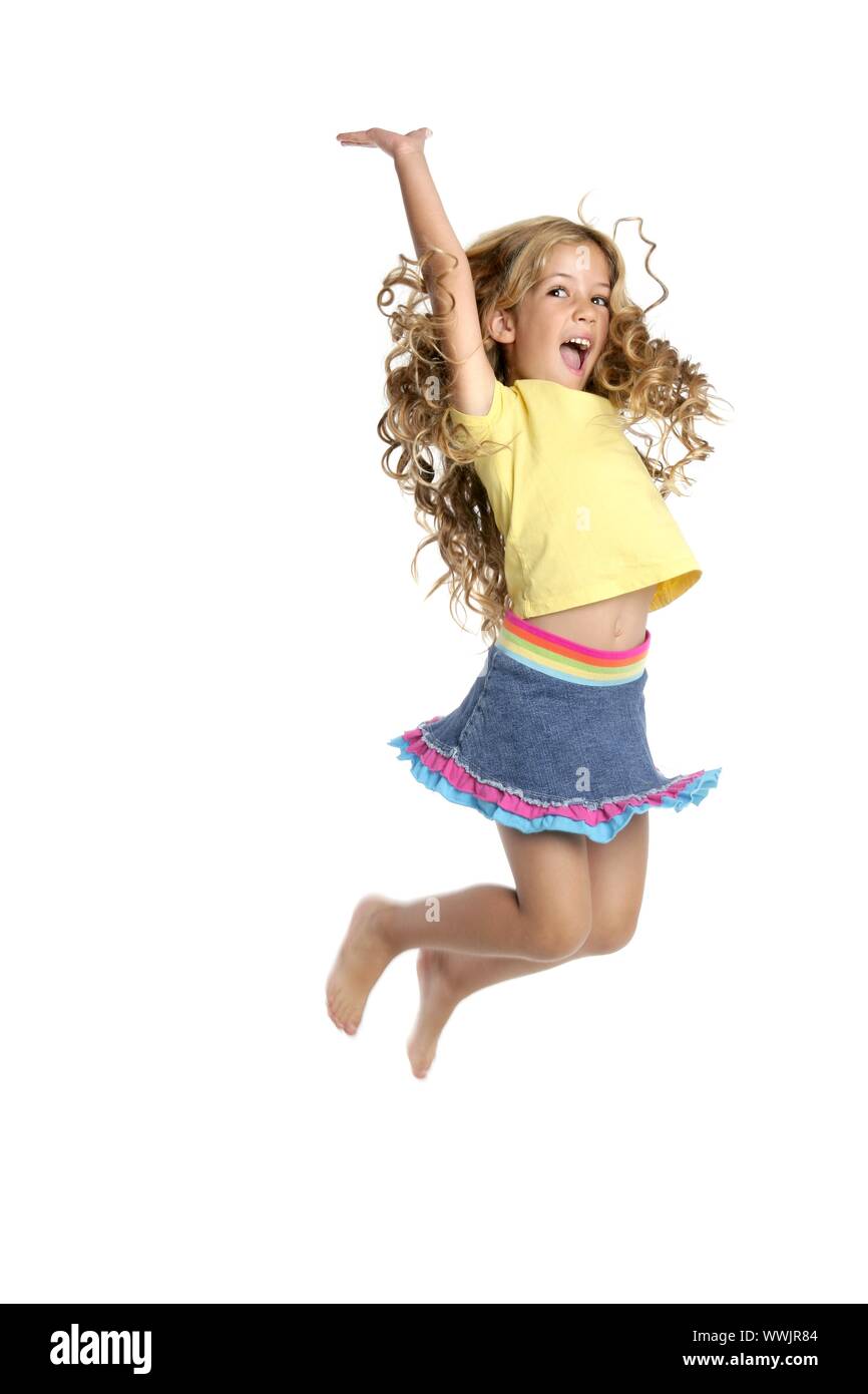 little beautiful girl fly jumping up isolated on white studio ...