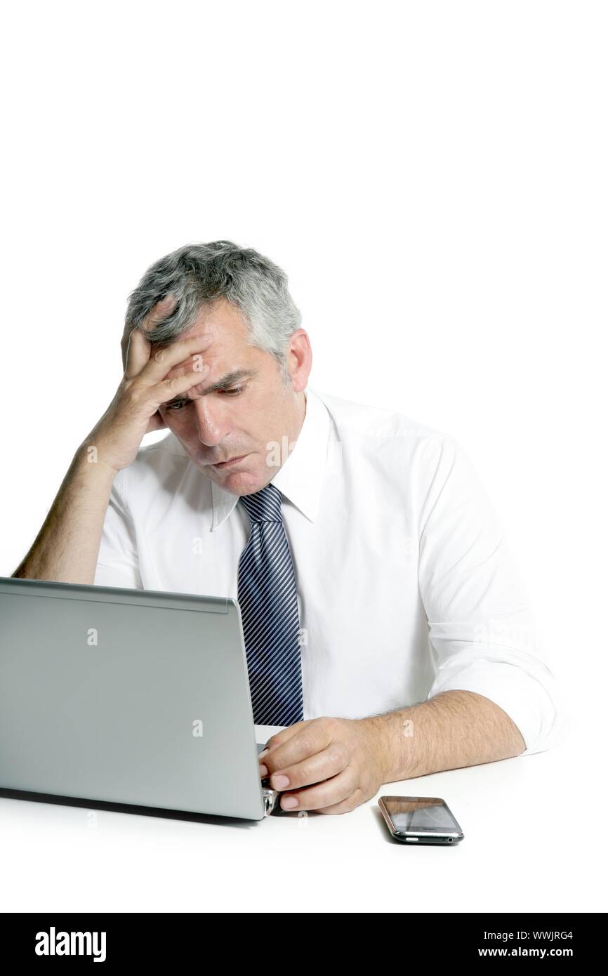 angry sad senior gray hair businessman laptop computer hand gesture ...