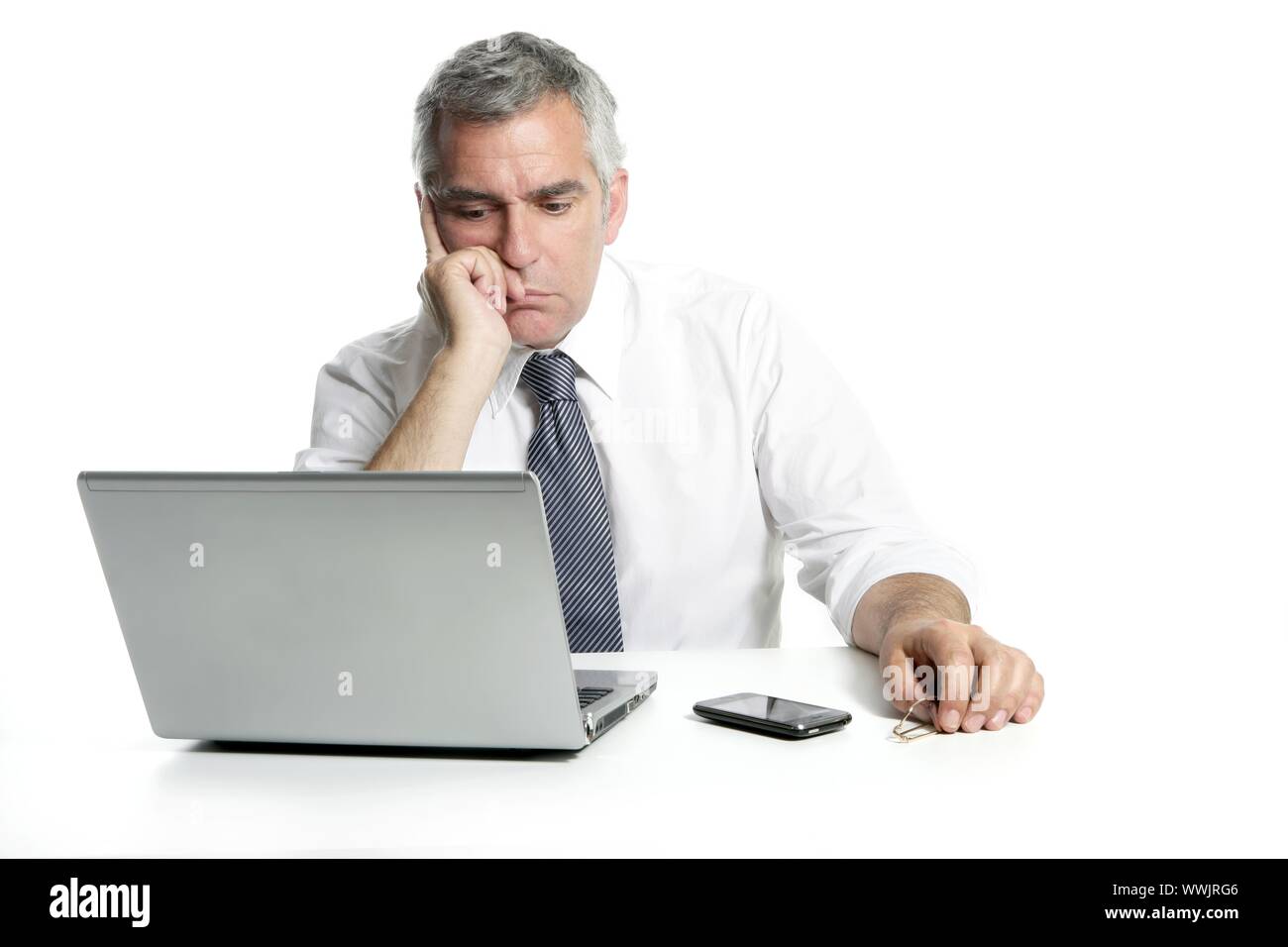 businessman sad senior thinking laptop computer white background gray ...