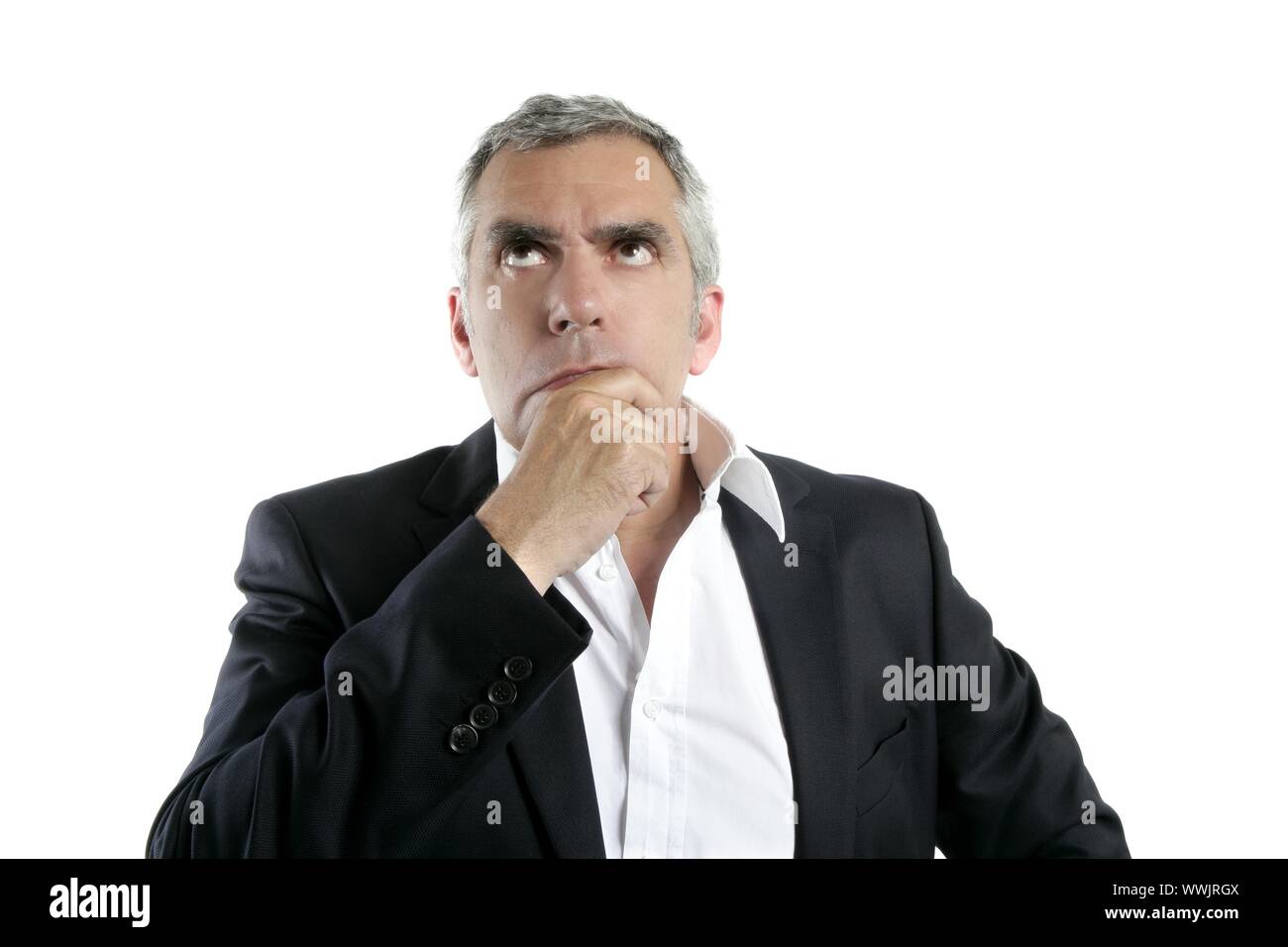 senior thinking serious gesture businessman hand in face gray hair ...