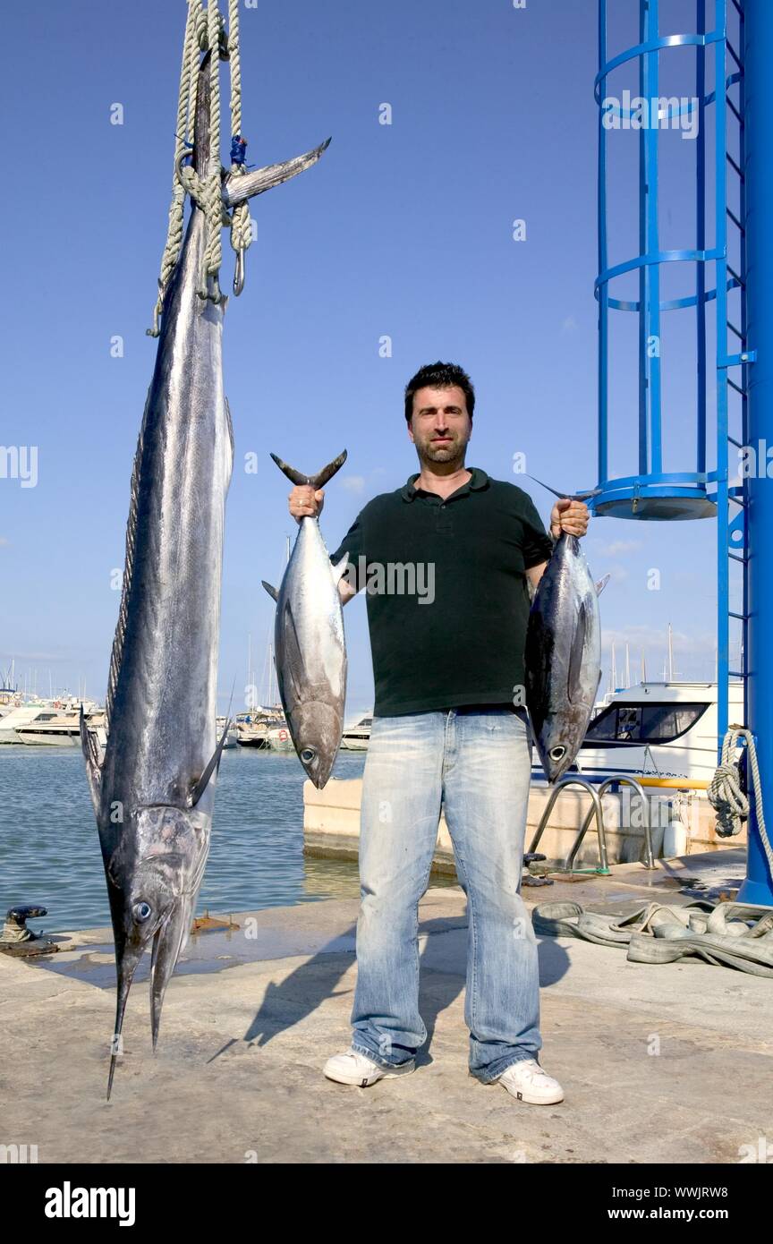 angler fish catch albacore tuna and spearfish mediterranean Stock Photo ...