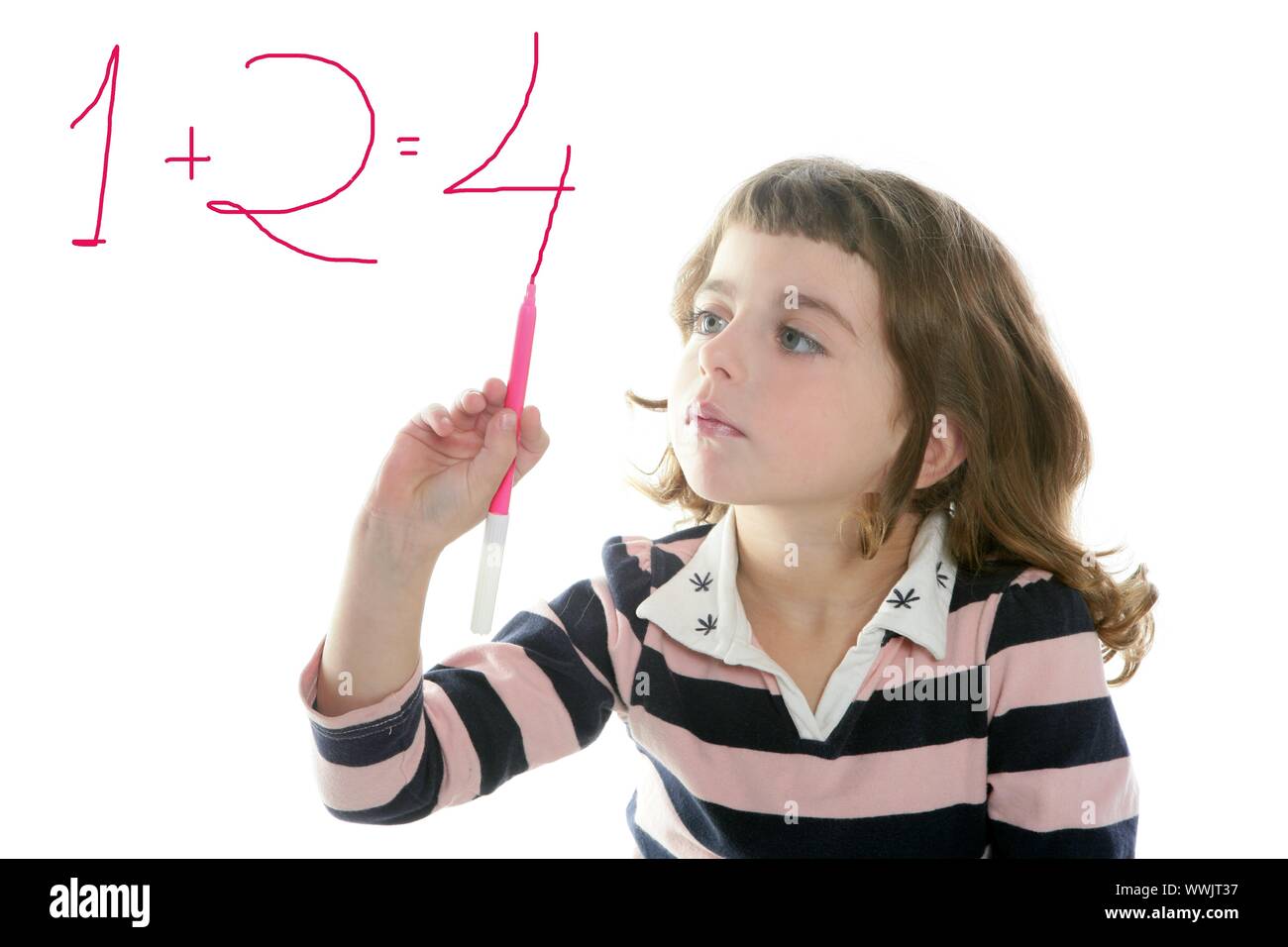 little girl writing add numbers marker transparent white board Stock ...