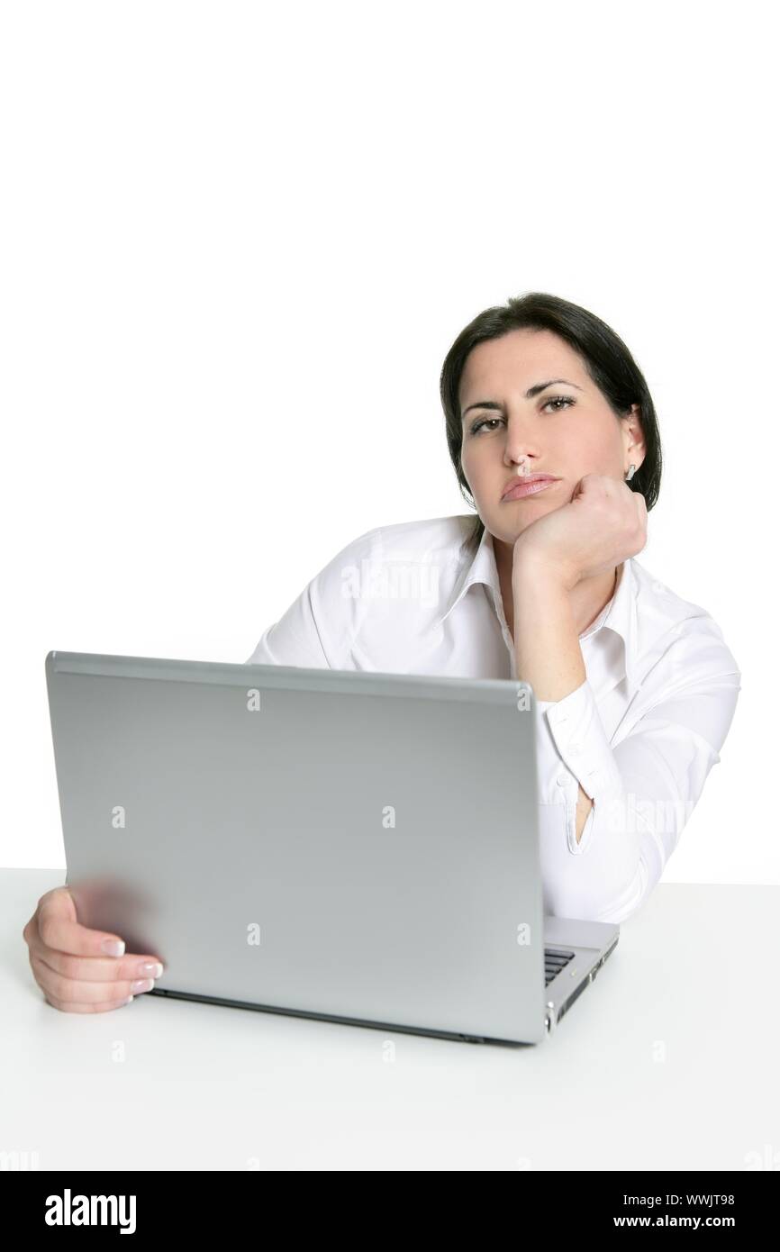 Angry sad bored woman laptop computer on white background Stock Photo ...