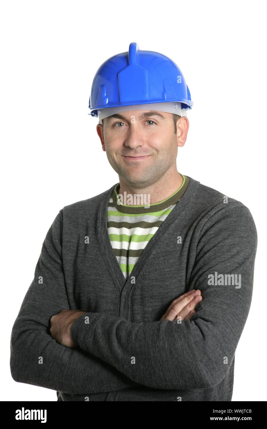 Blue hardhat foreman portrait on white background Stock Photo - Alamy