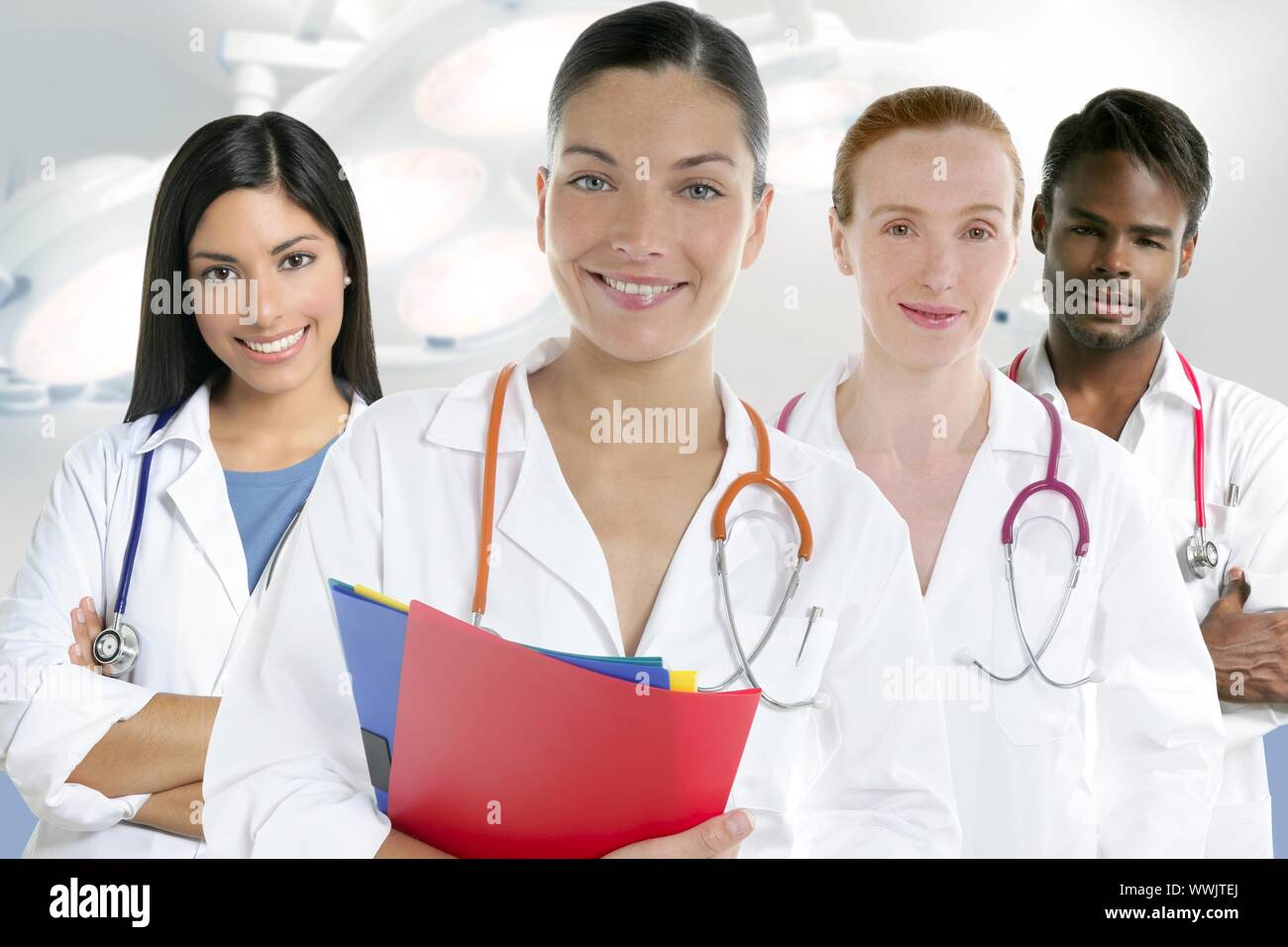 Doctors team group in a row on white background men and women doctor ...