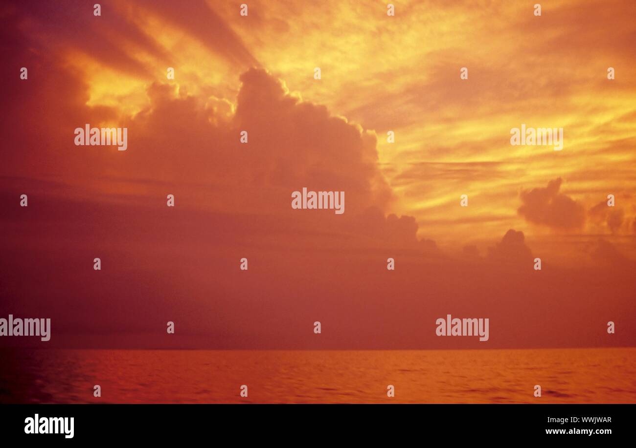 golden sunset in orange color in the sea ocean horizon Stock Photo - Alamy