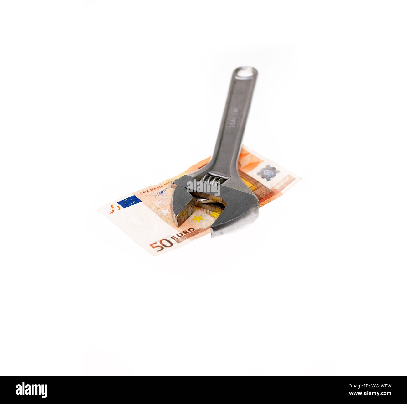 wrench tool fixing euro bill isolated on white background closeup Stock ...