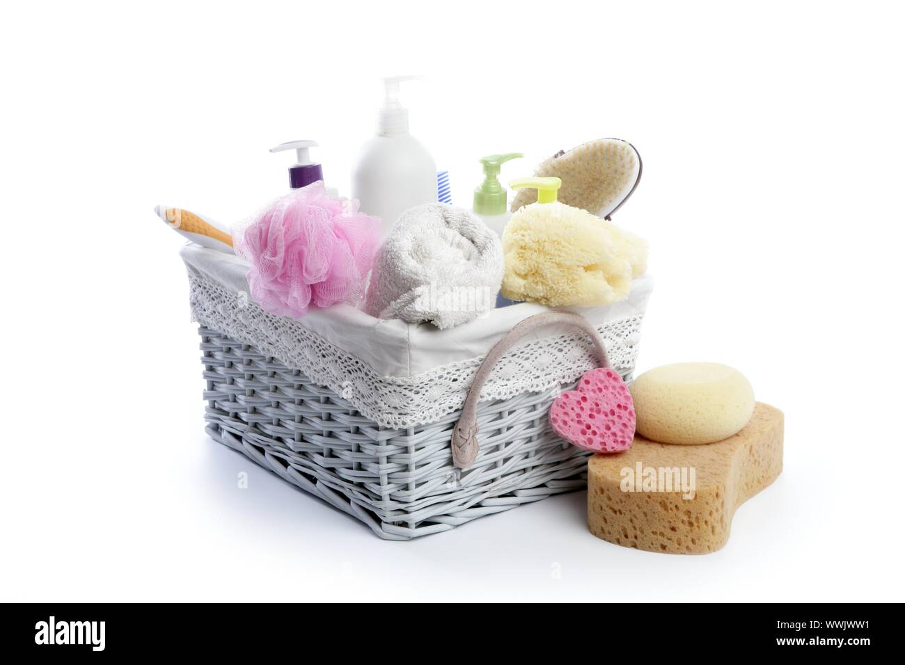 Toiletries stuff sponge gel shampoo and bath towels on white background ...