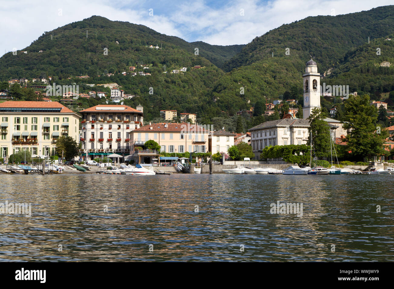 The town of Cernobbio with boat harbour on Lake Como, Italy Stock Photo ...