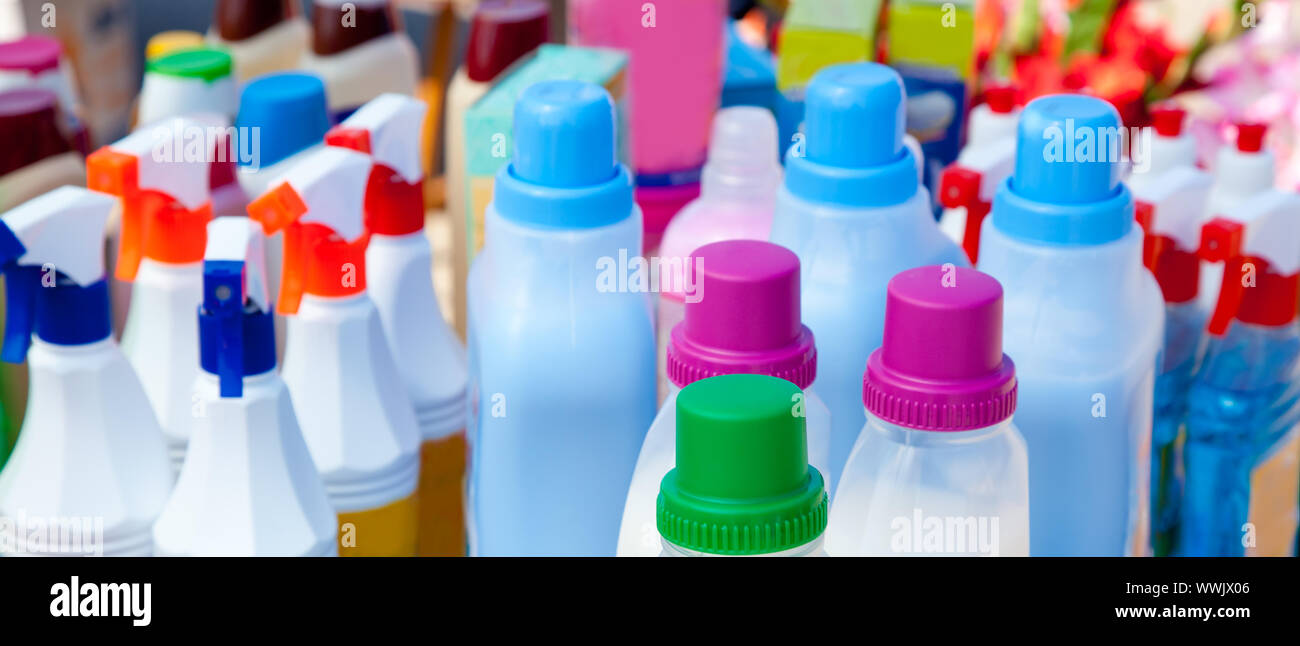 domestic chemical products for cleaning house chores Stock Photo - Alamy