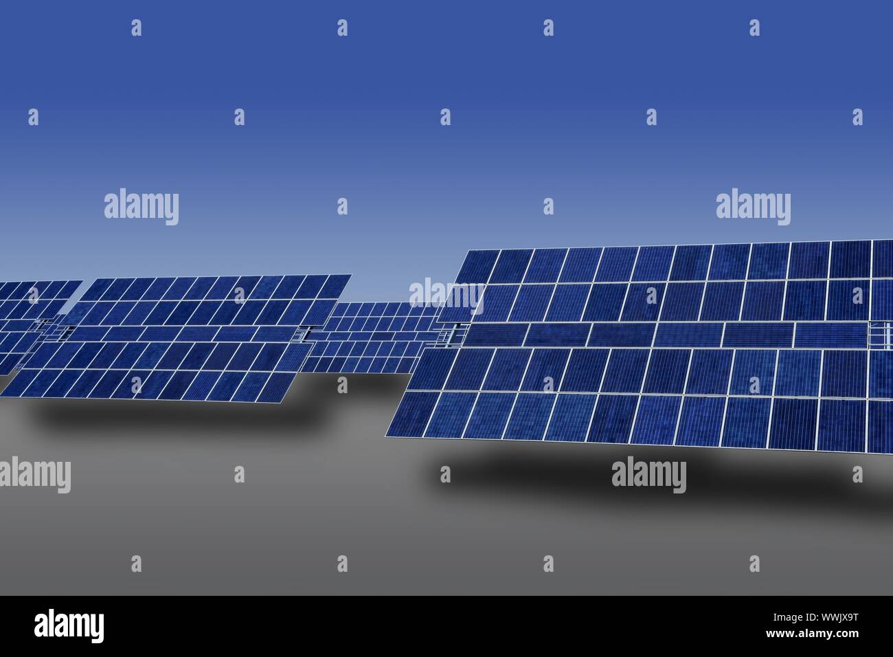 Clean electric energy solar plates generators blue sky Stock Photo - Alamy