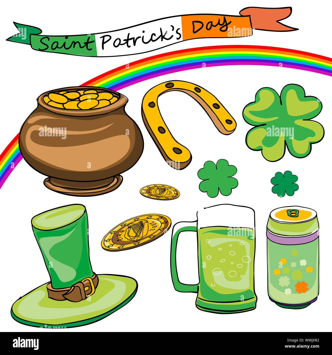 Saint Patrick's Day classic doodles over white Stock Photo - Alamy