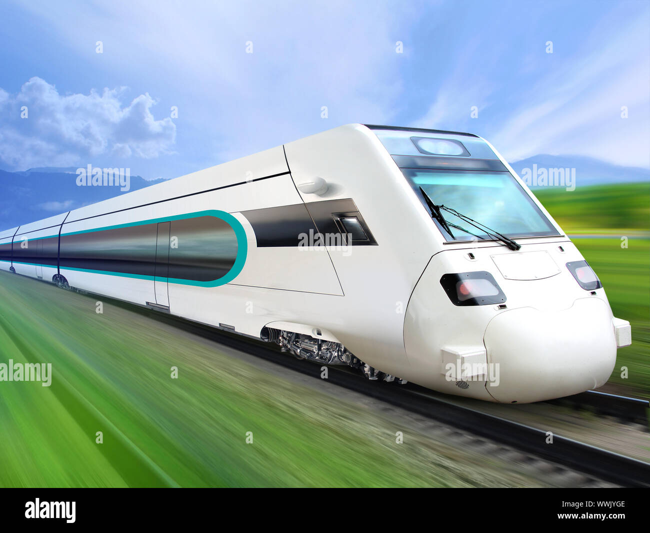 super streamlined train with motion blur moves on countryside Stock ...