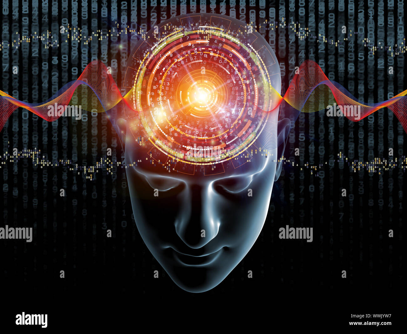 Collage of human head, digits and various abstract elements on the subject of artificial ...