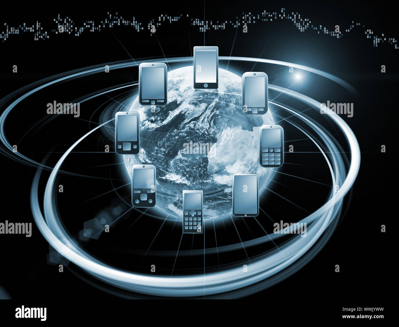 Interplay of cellular phones, Earth globe, numbers, lights and abstract ...