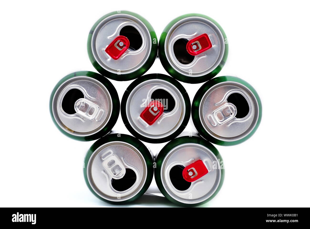 open beer cans on a white background Stock Photo - Alamy