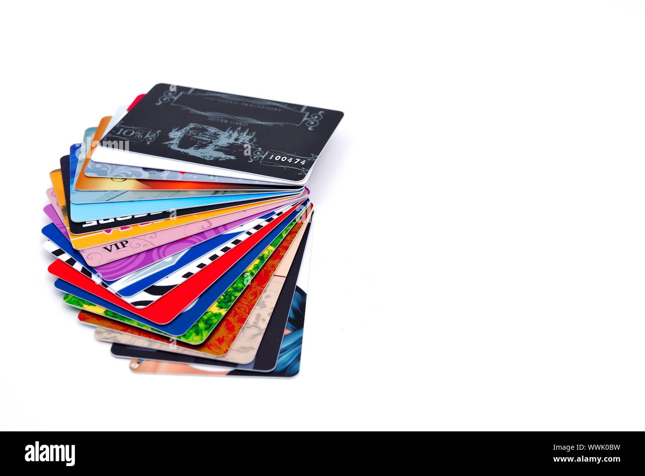 Plastic discount cards on white background Stock Photo - Alamy