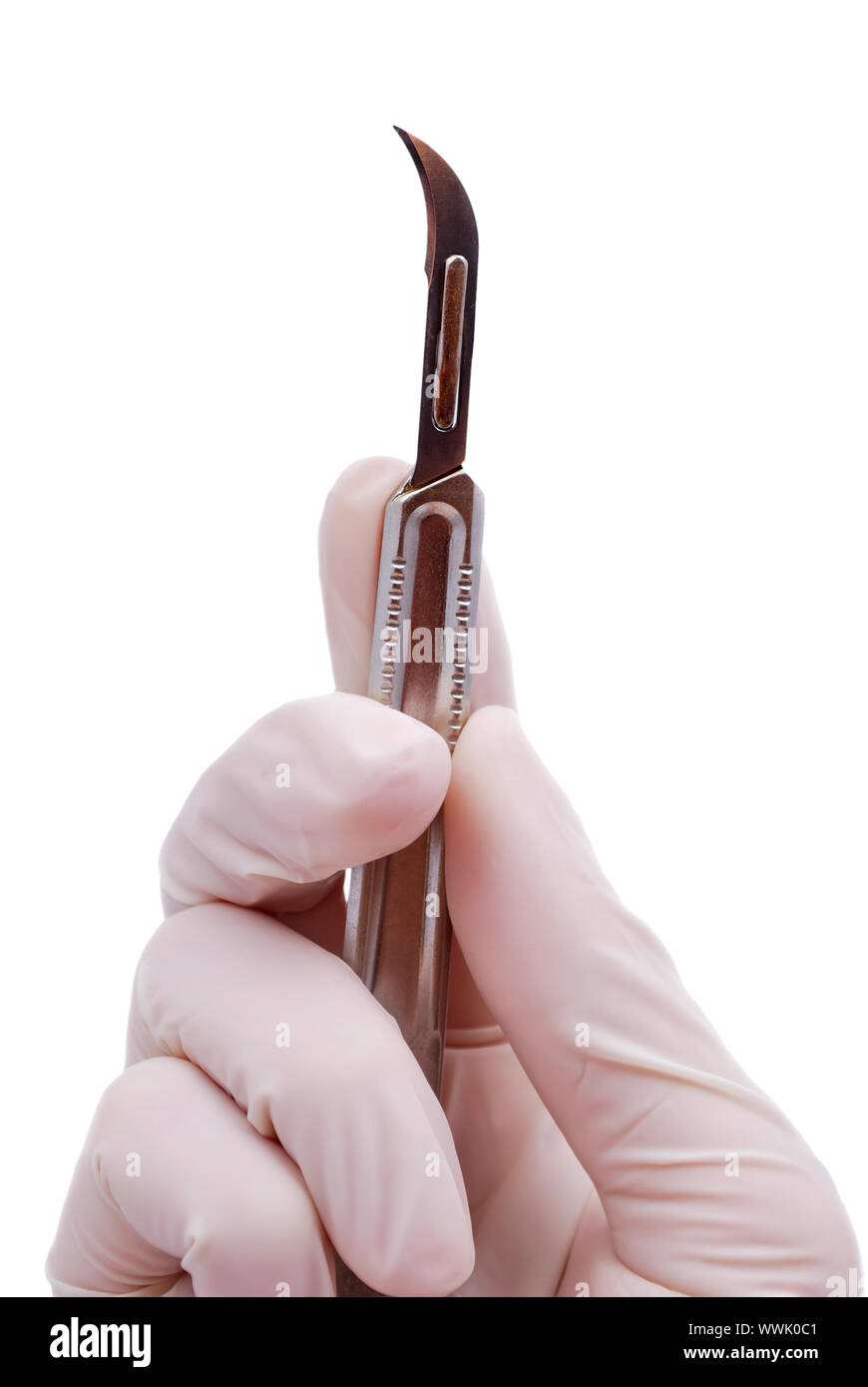 scalpel in his hand the doctor on a white background Stock Photo - Alamy