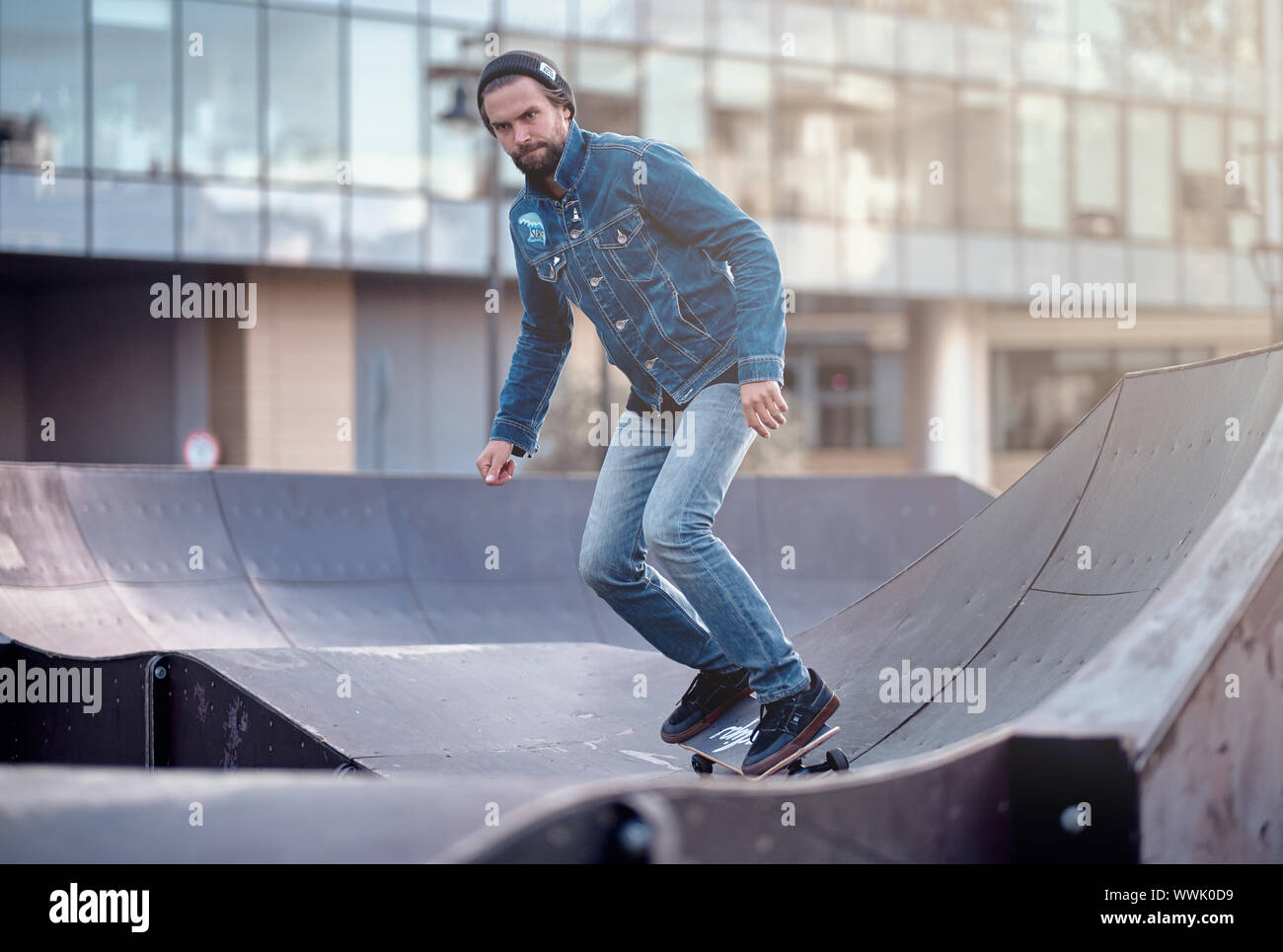 Moscow, Russia - Sep 15, 2019: Man is skating on skateboard in pump ...