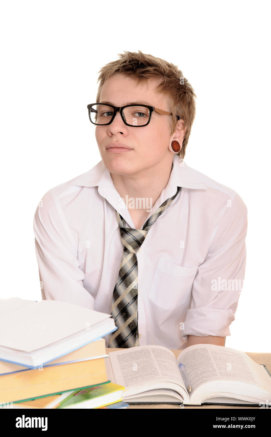 teenager student sits behind a desk isolated on white background Stock ...