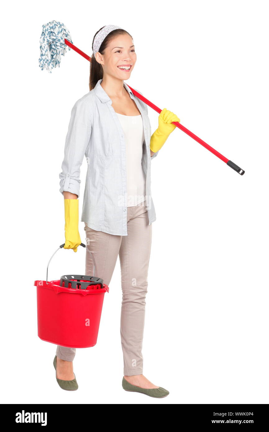Cleaning woman with mop and bucket washing floor walking smiling happy ...