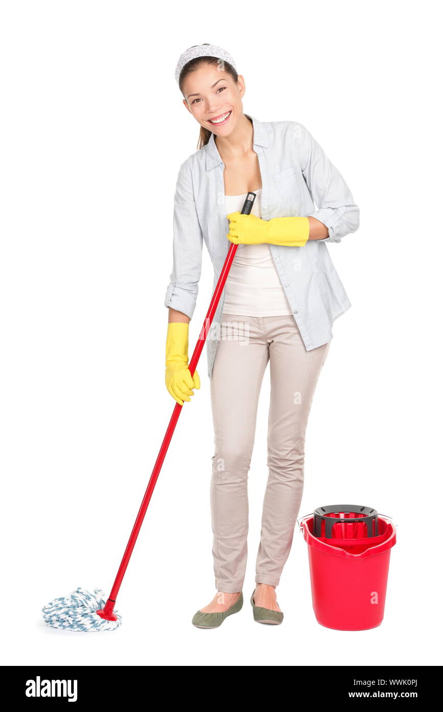 Cleaning woman washing floor with mop and bucket during spring cleaning ...