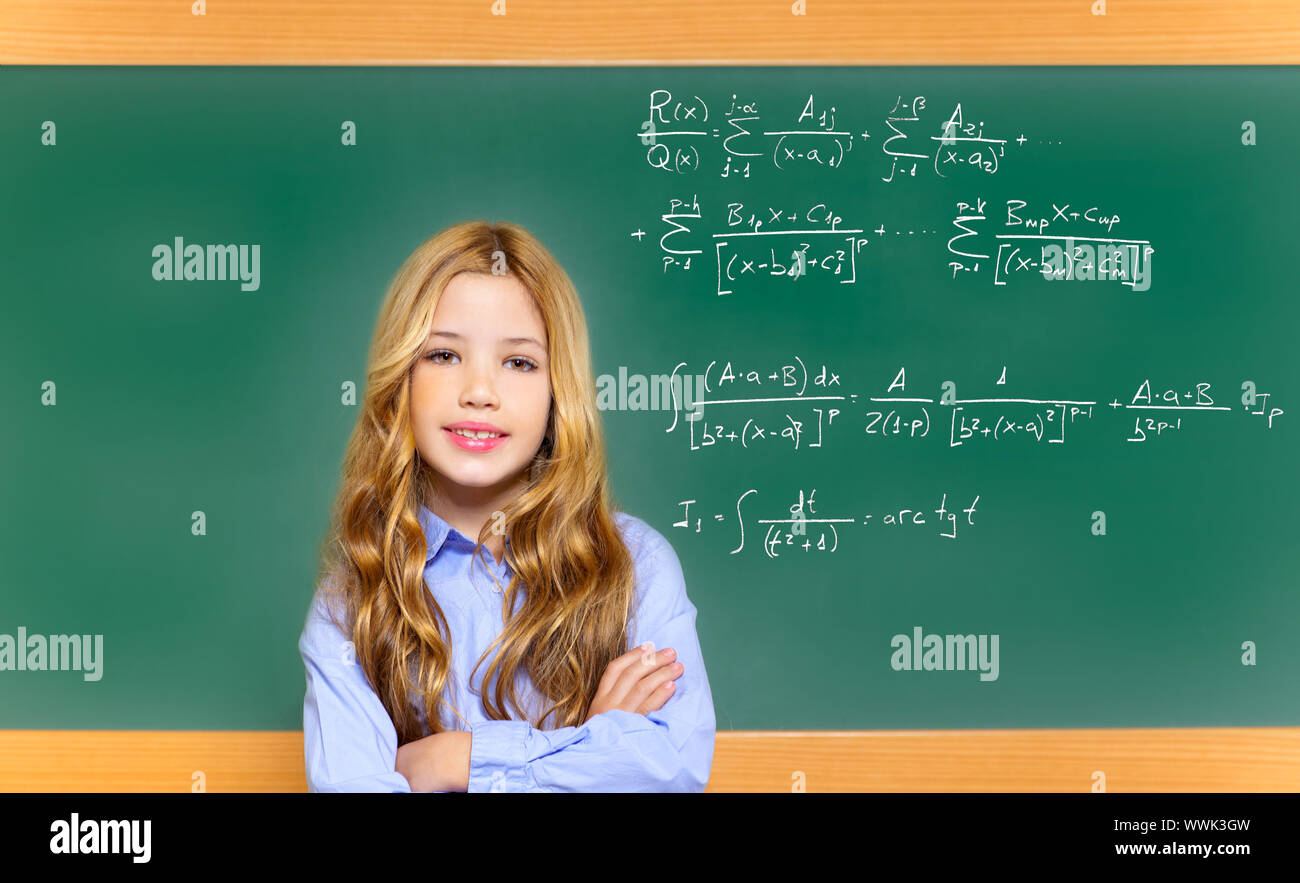 kid smart student girl with difficult math formula on green school ...