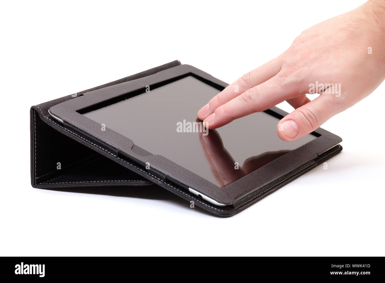 hands with touch pad on white background Stock Photo - Alamy