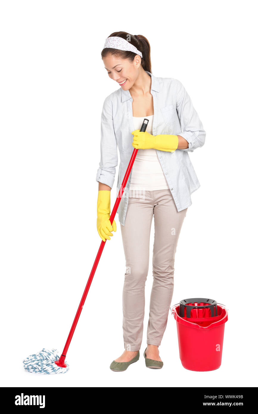 Spring cleaning woman cleaning floor with mop. Young housewife isolated ...